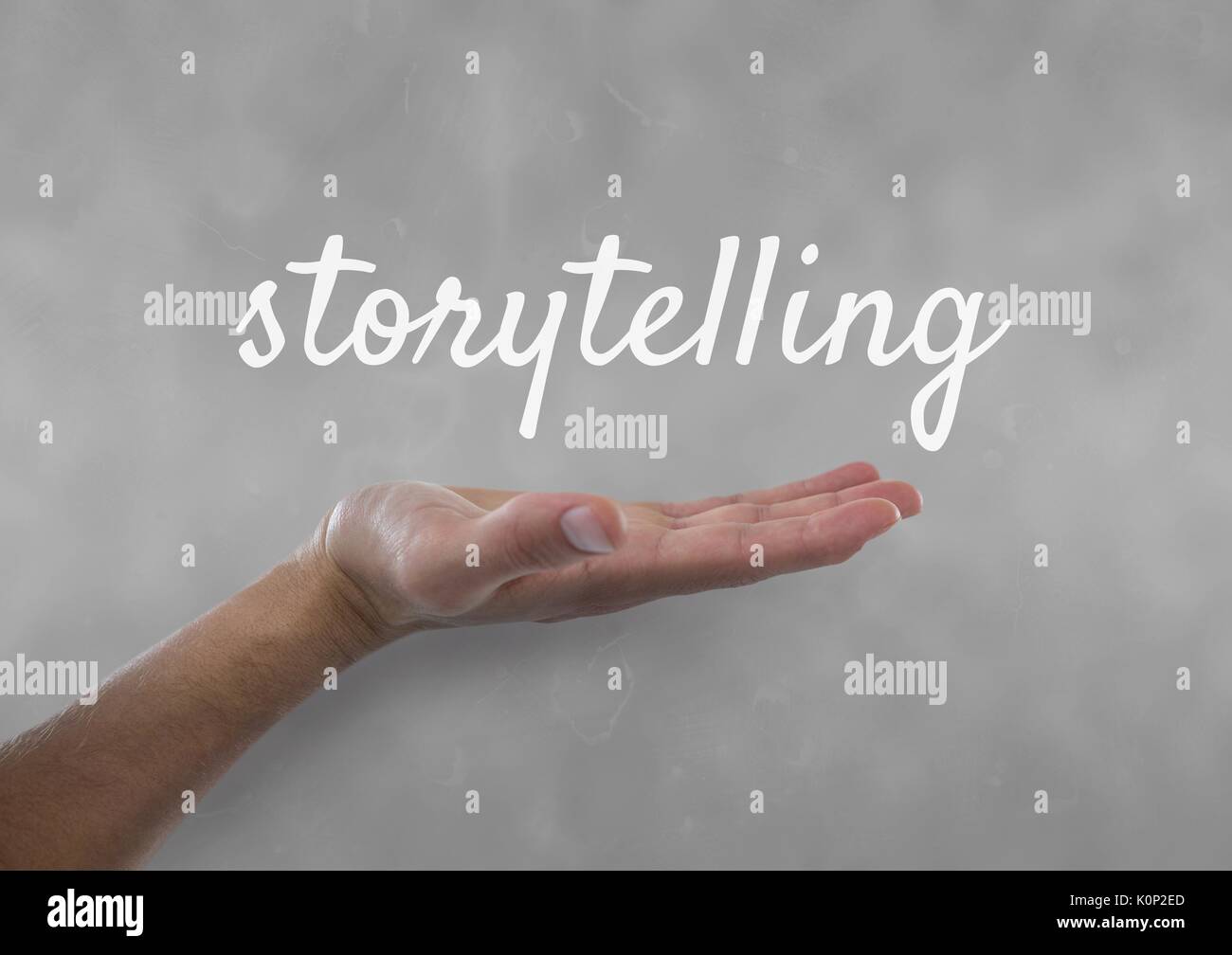 Digital composite of Hand interacting with storytelling business text ...