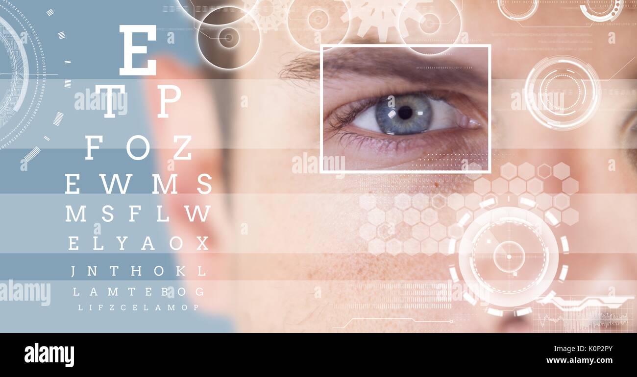 Digital composite of man with eye focus box detail and lines and Eye ...