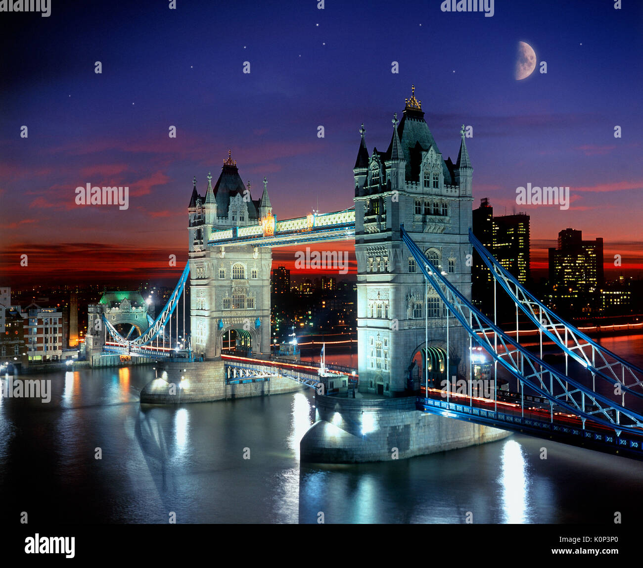 Tower Bridge on a starry night with half moon, London, England, England ...
