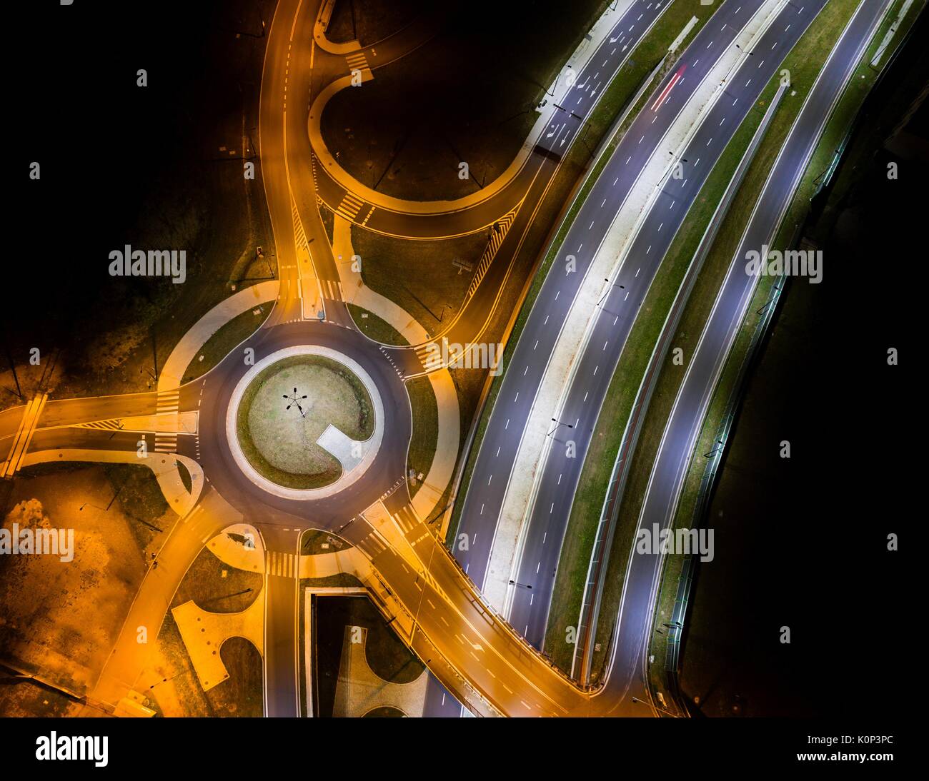 Crossroads and roundabout at night. Aerial view. Poland, Silesia ...