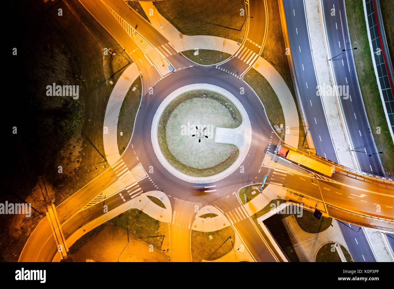 Crossroads and roundabout at night. Aerial view. Poland, Silesia ...