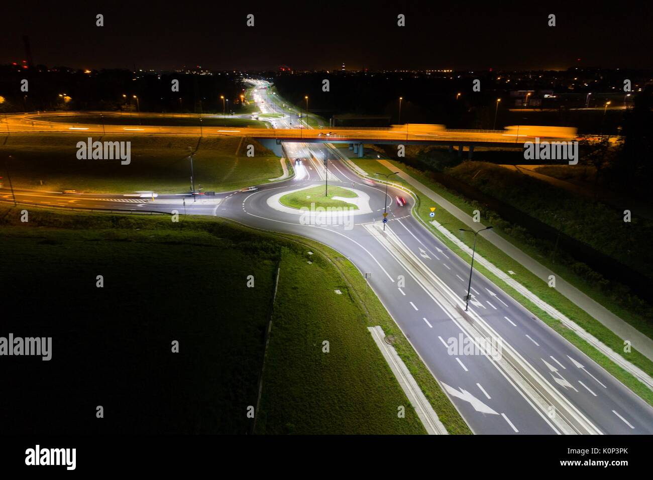 Crossroads and roundabout at night. Aerial view. Poland, Silesia ...