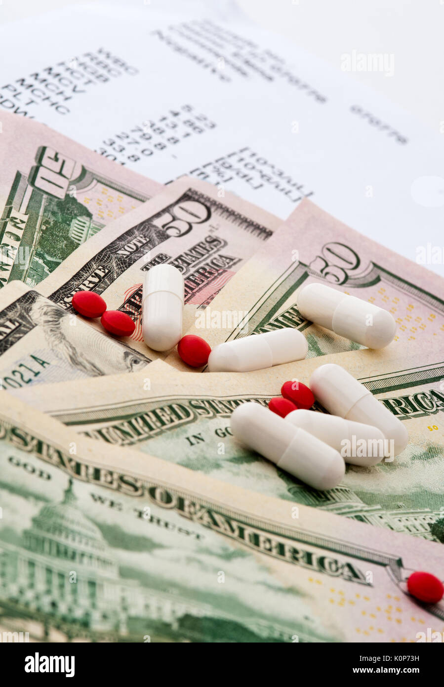 Medical diagnostic report with test results, pills and us dollar money ...