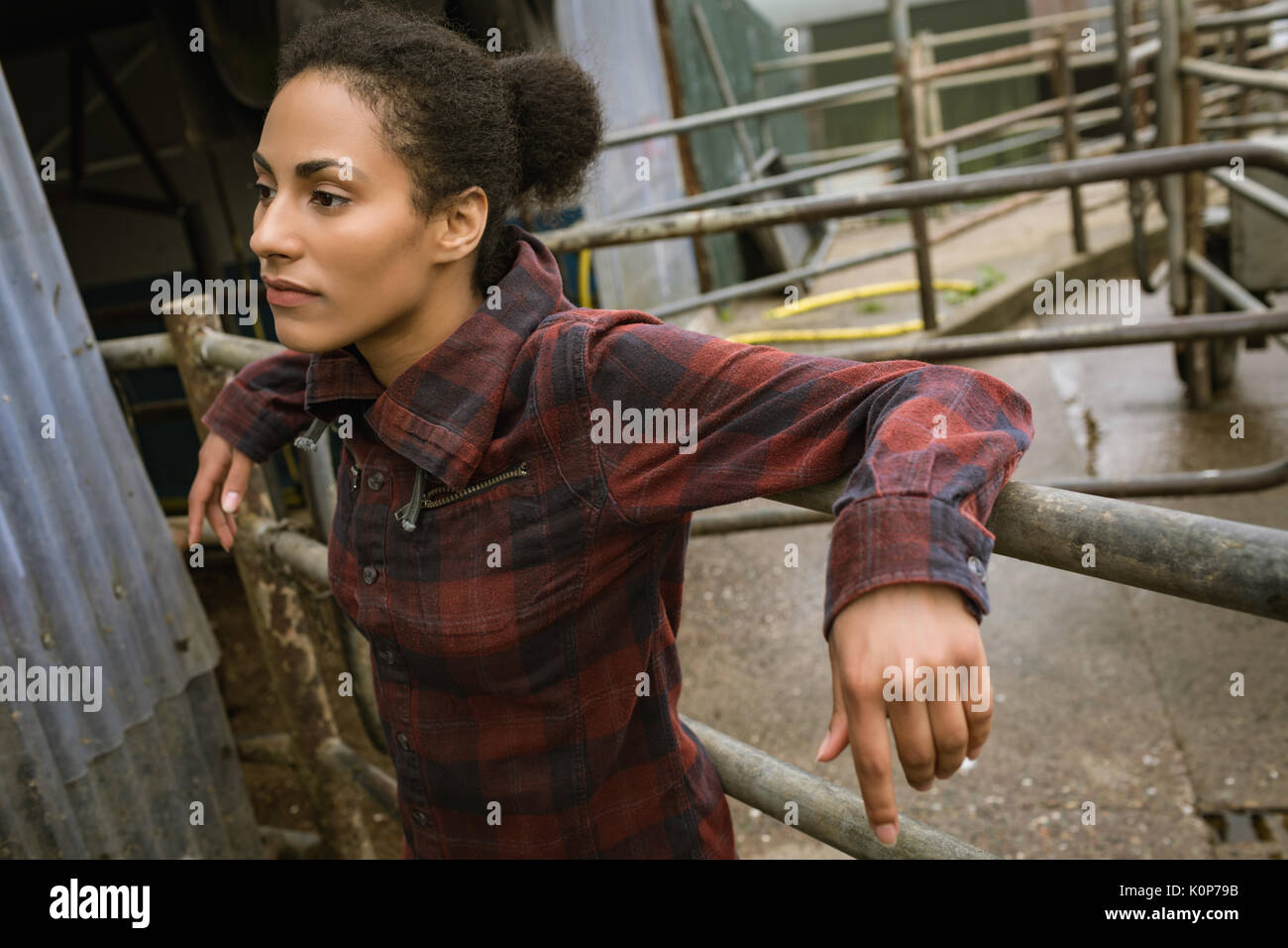 Thoughtful woman leaning on railing in barn Stock Photo - Alamy