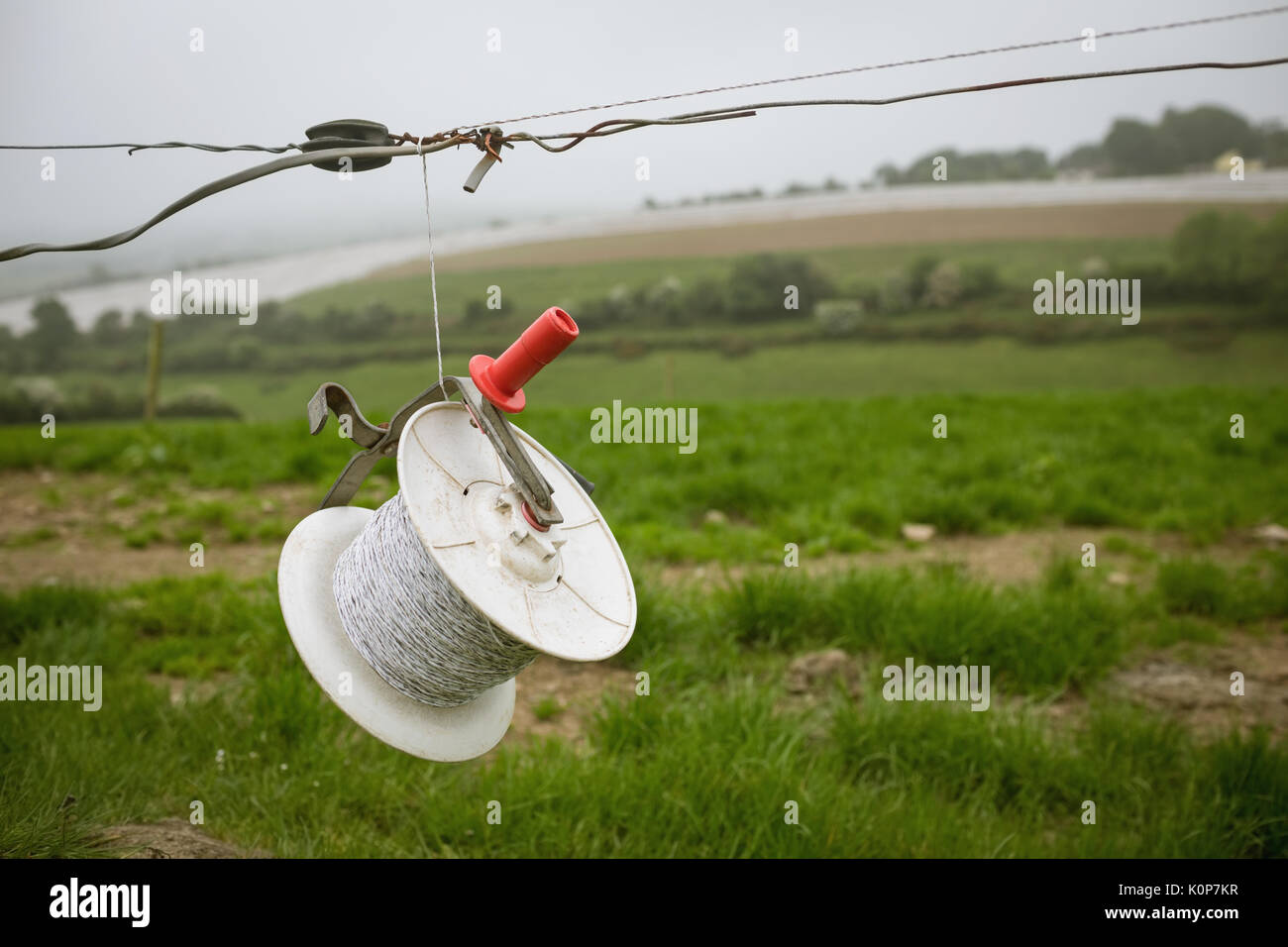 Spool of wire hanging hanging on wire in field Stock Photo - Alamy