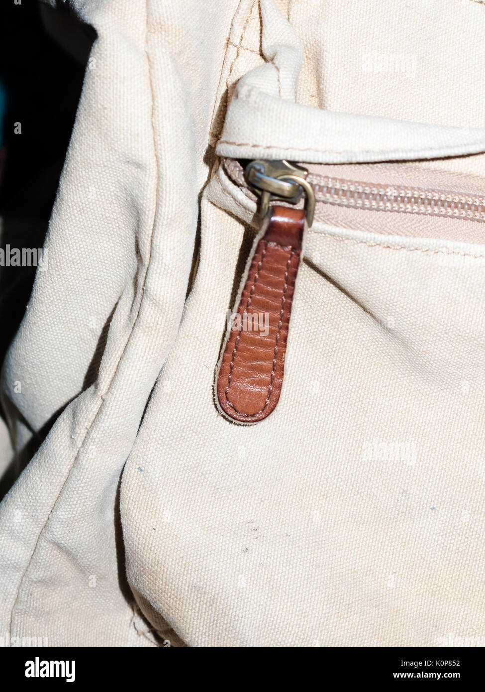 close up of a brown leather zip on bag; England; UK Stock Photo - Alamy