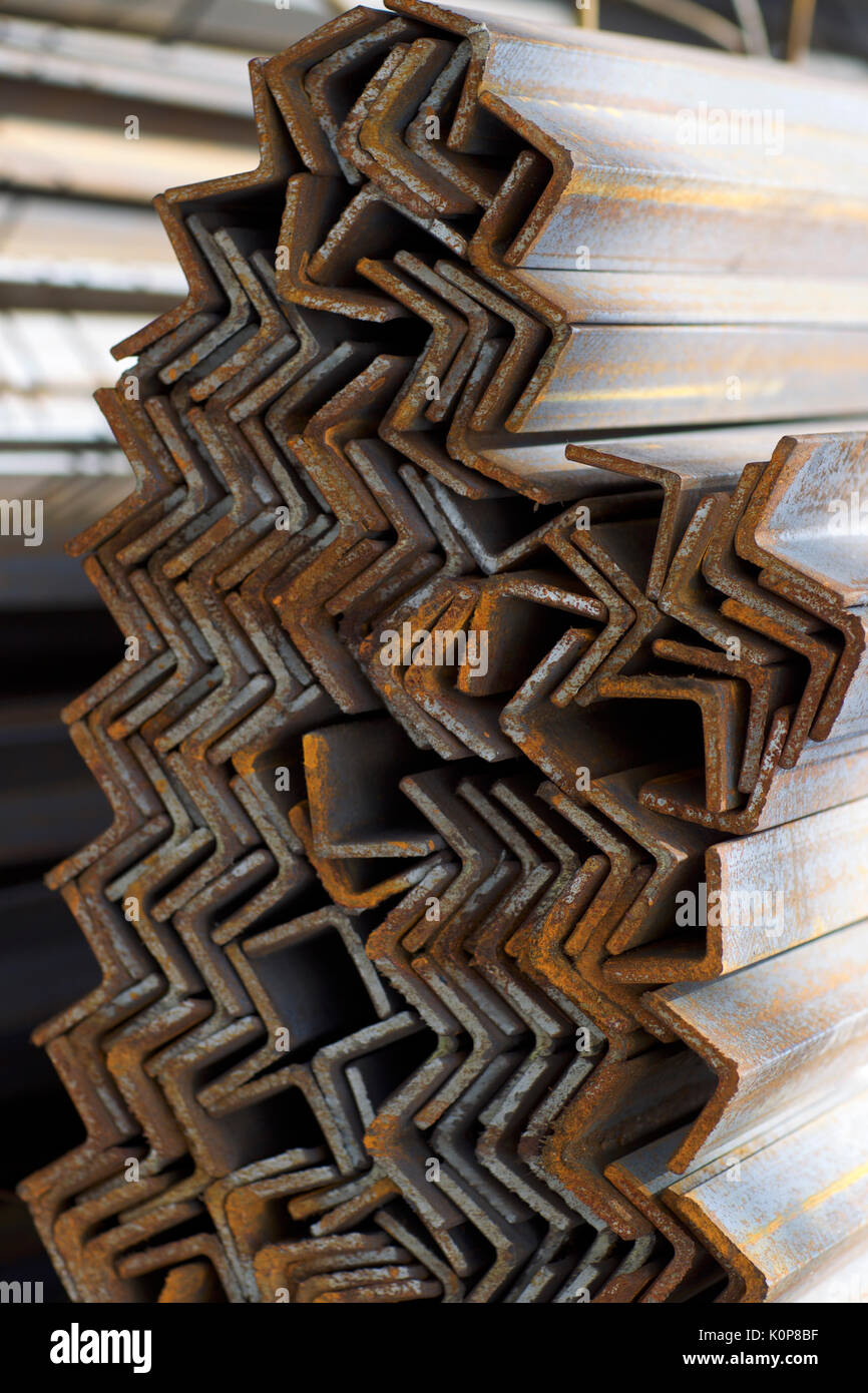 Metal profile angle in packs at the warehouse of metal products, Russia ...