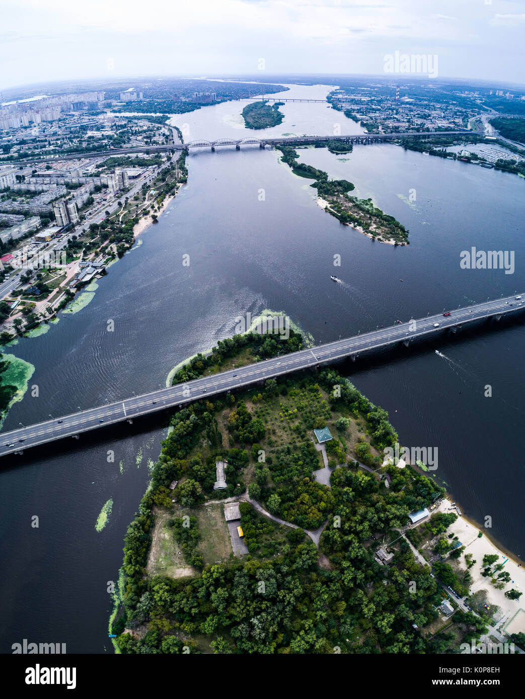 Aerial view of the bridge and the road over the Dnepr River over a ...