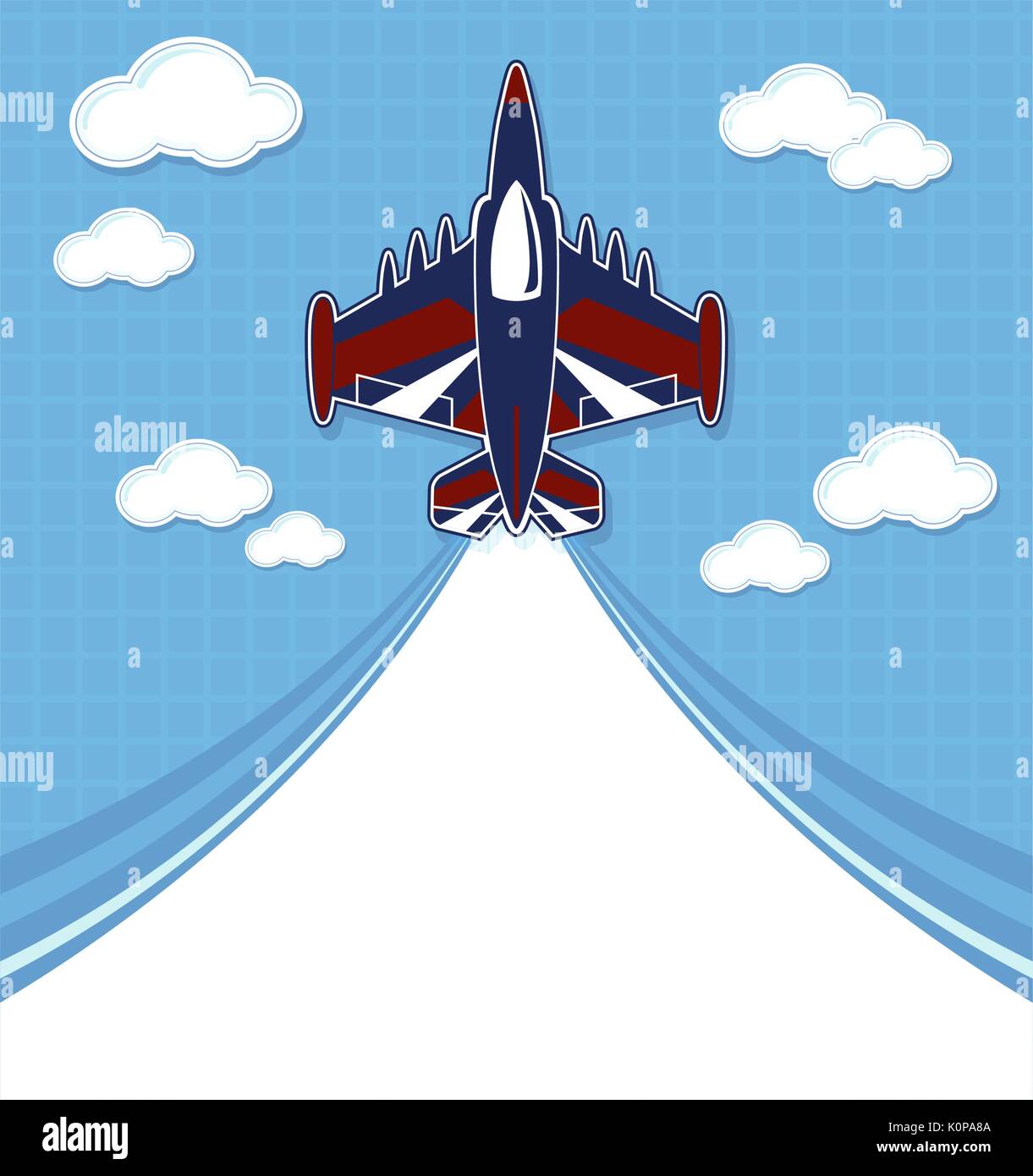 funny acrobatic jet cartoon with blank contrail for copy space on blue ...