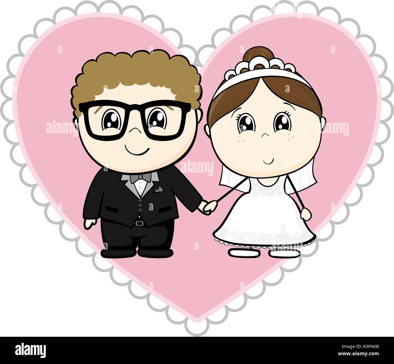 cute young couple, bride and groom with pink heart isolated on white ...