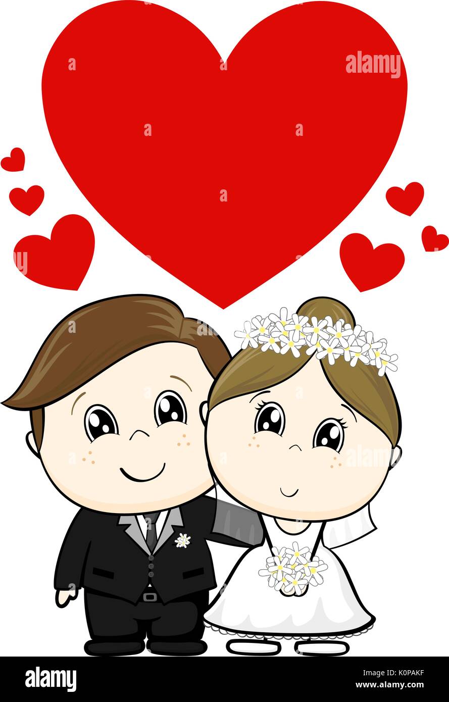 cute wedding characters bride and groom with hearts for copy space ...