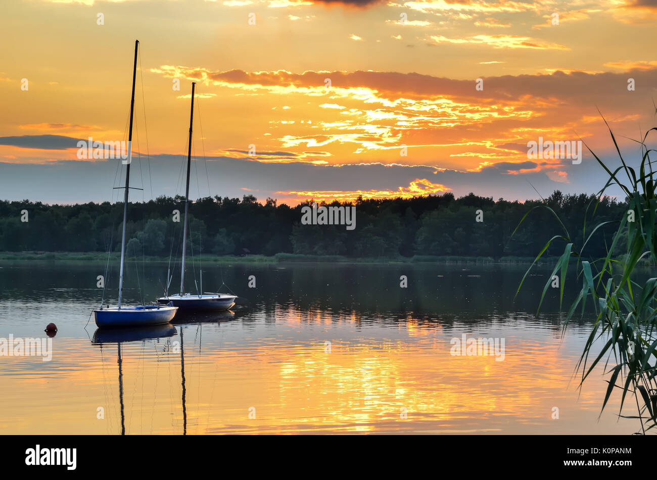 Boats on a beautiful lake. Evening summer landscape by the water Stock ...