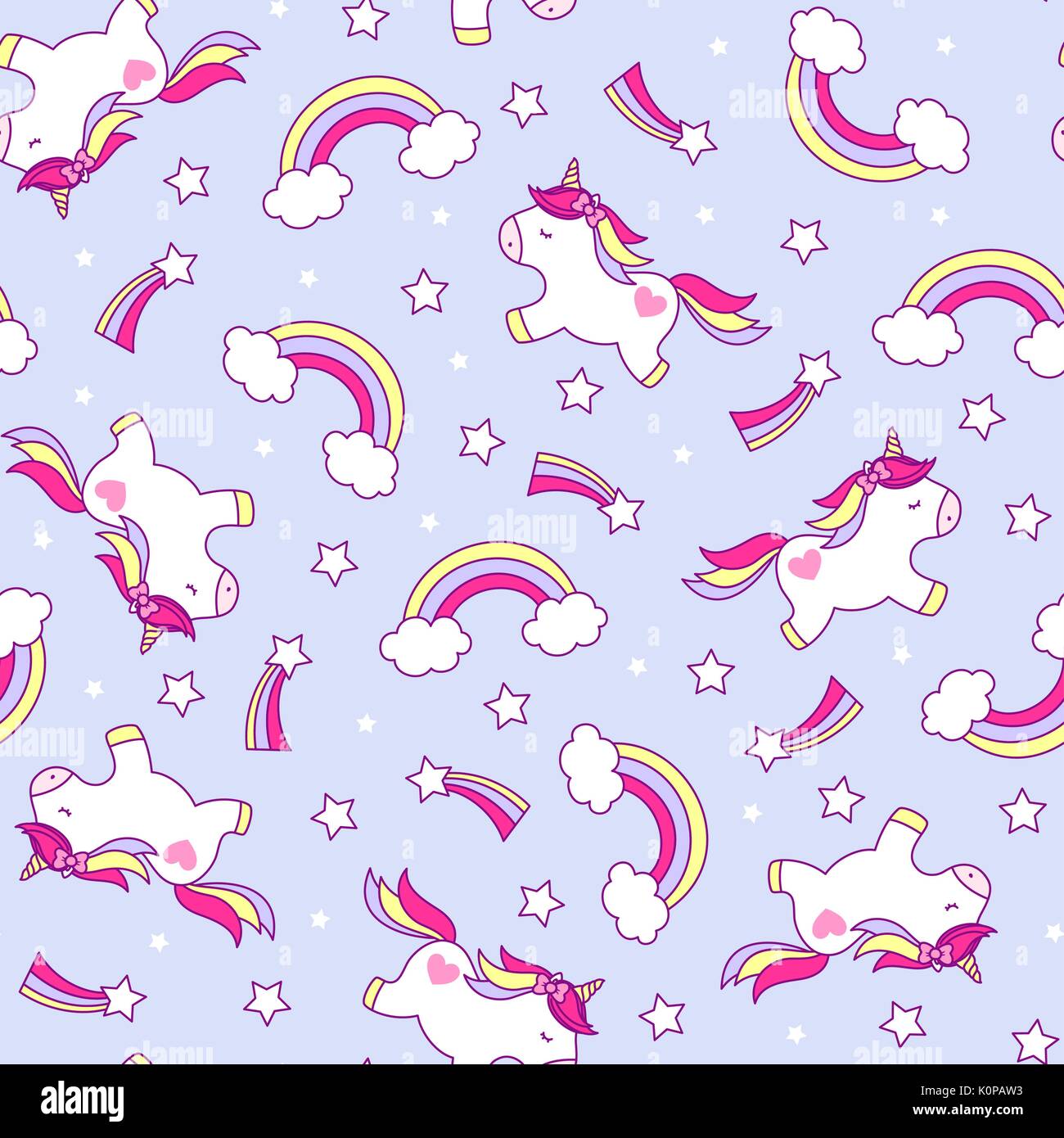seamless pattern illustration of cute unicorns with rainbow and stars ...