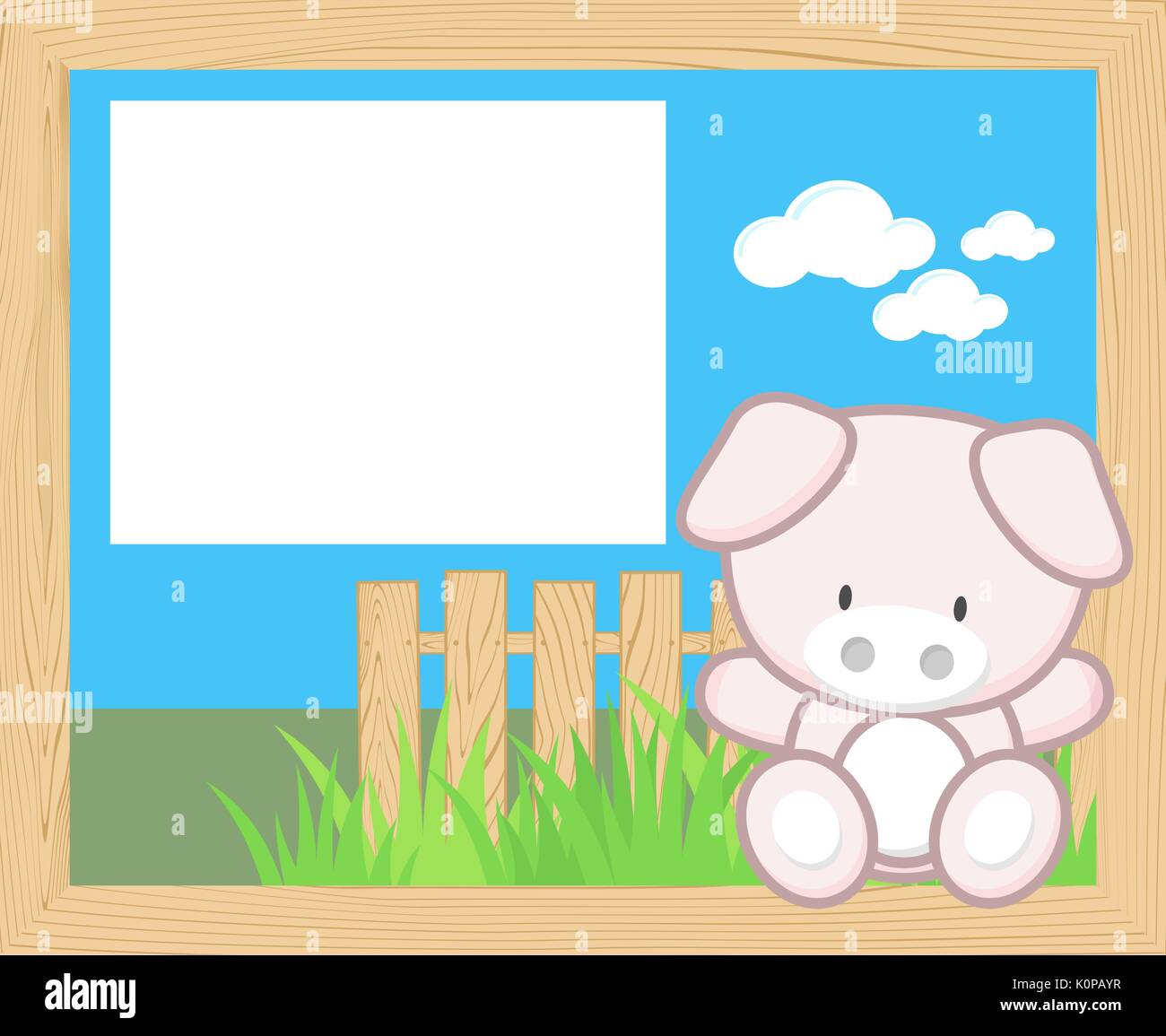 wood frame with cute baby piggy and blank board for copy space, design ...