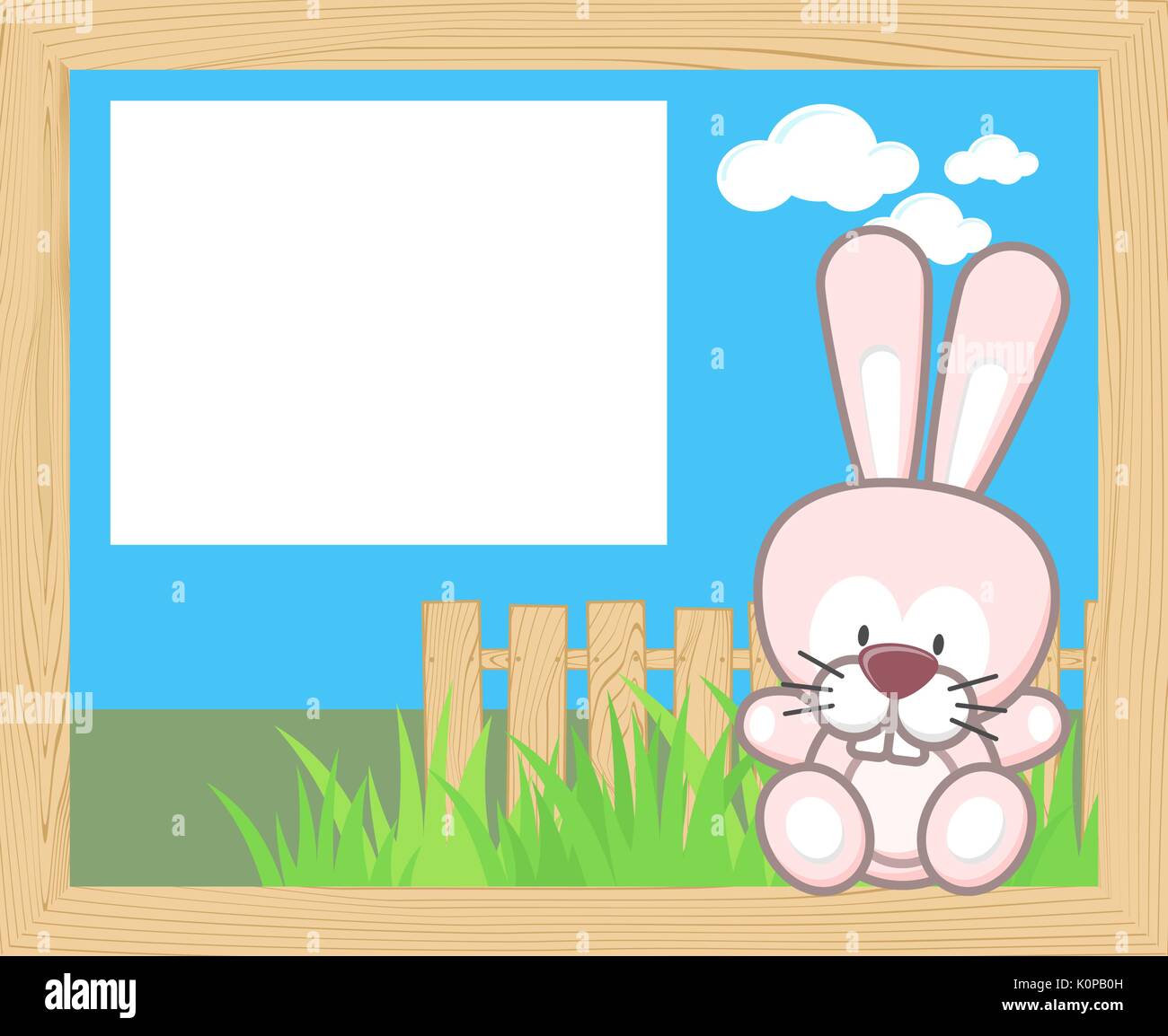 wood frame with cute baby rabbit and blank board for copy space, design ...
