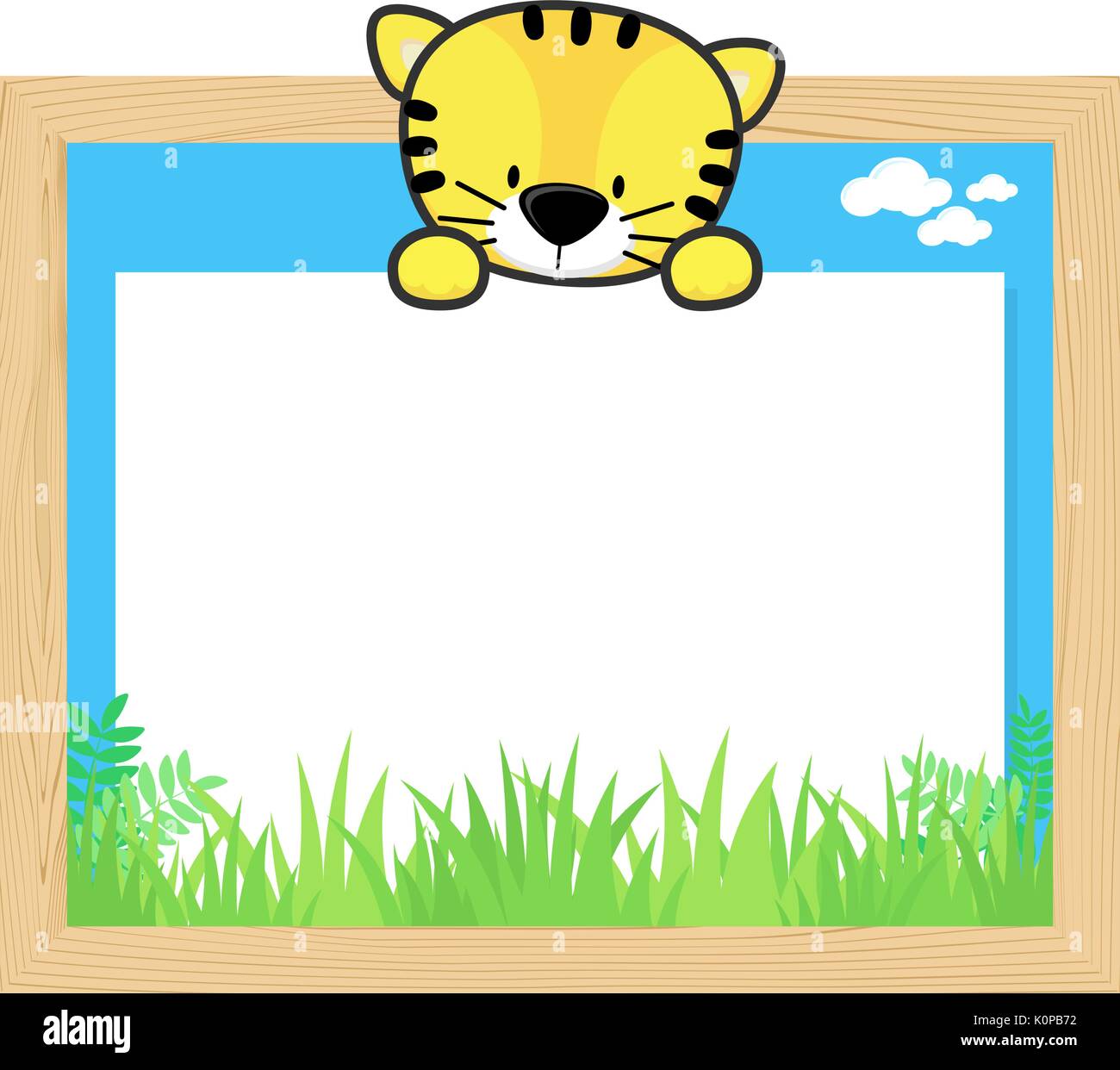 wood frame with cute baby tiger and blank board for copy space, design ...