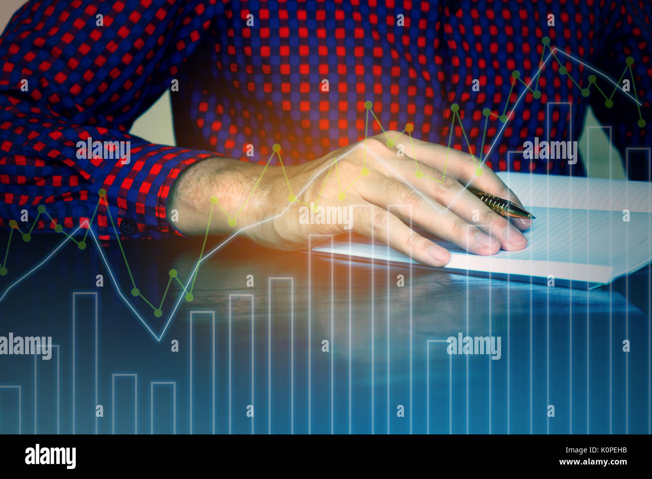 Double exposure businessman thinking about expenses at home office ...