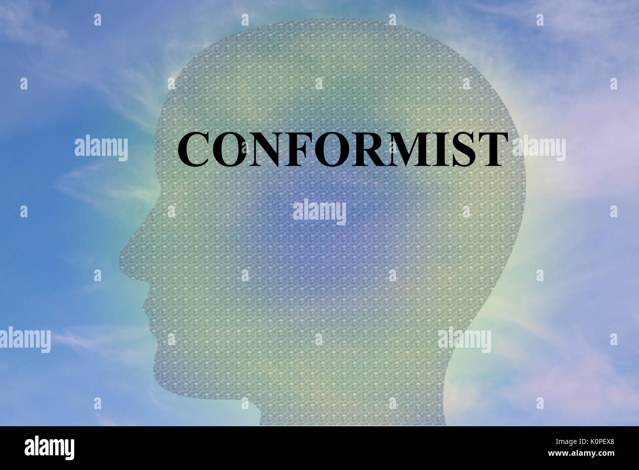 Render illustration of "CONFORMIST" title on head silhouette, with ...