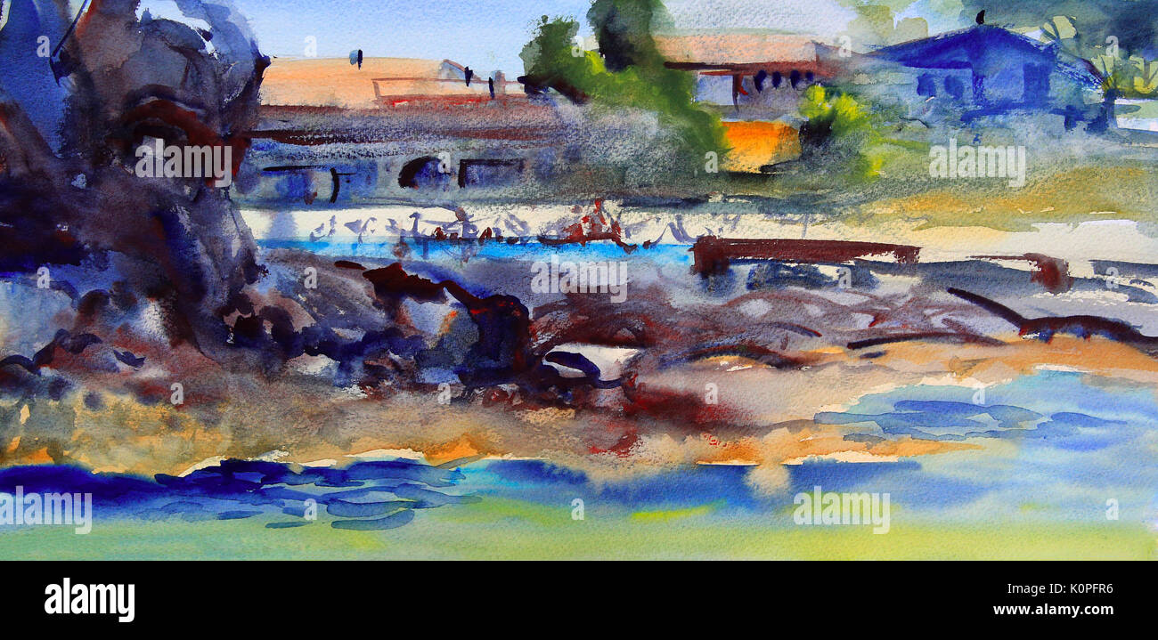 Watercolor painting of mediterranean abstract landscape Stock Photo - Alamy