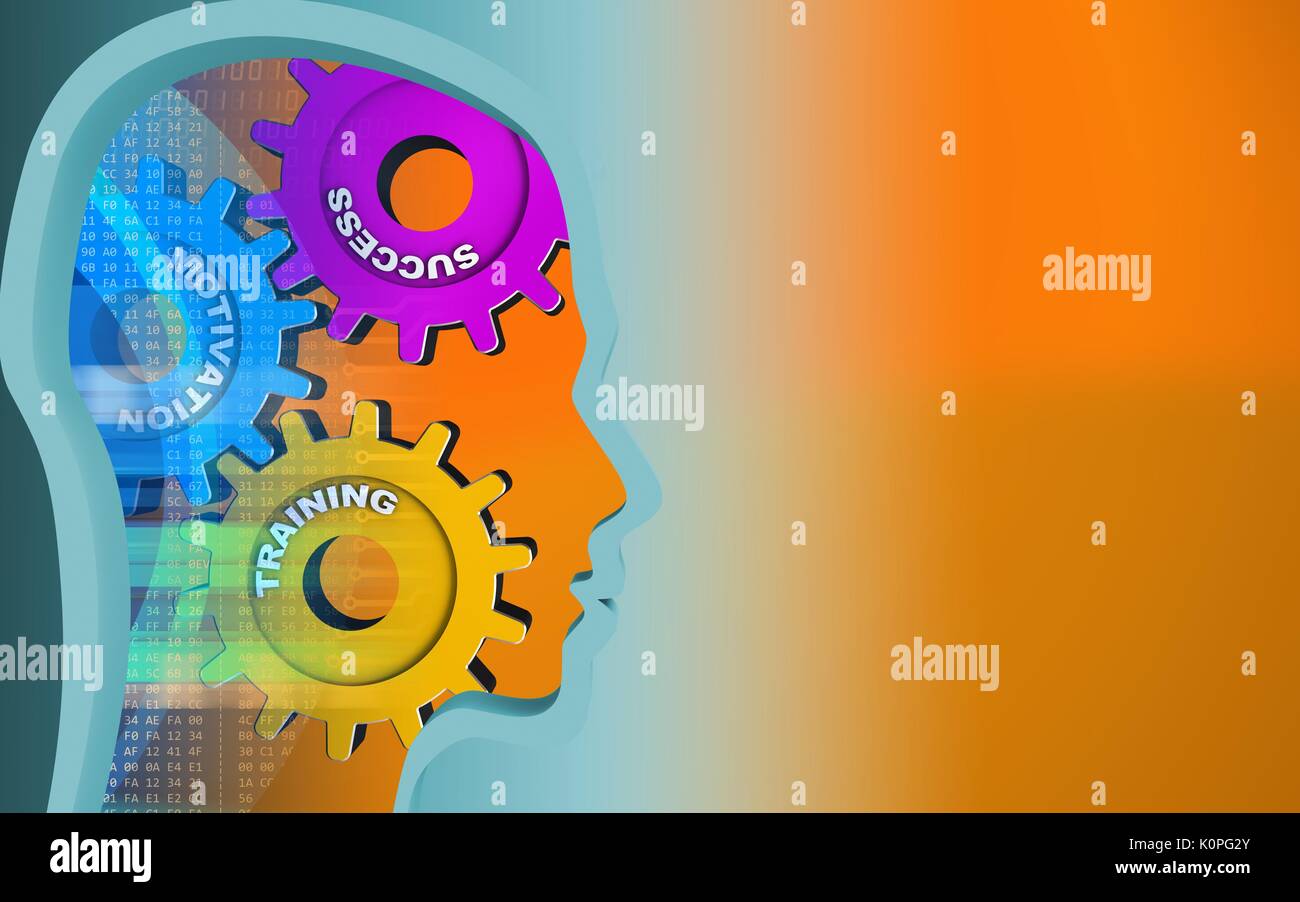 3d illustration of success system over orange background with head ...