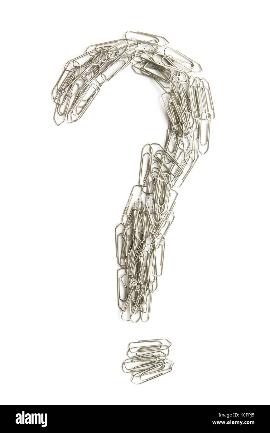 Office paper clips in the shape of a question mark isolated on white ...
