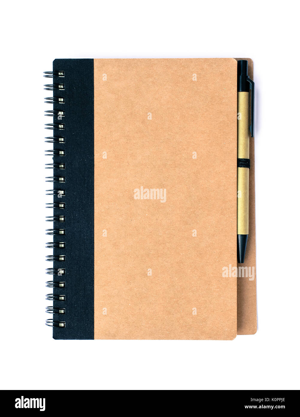Notepad closed cover with pen on the side isolated on white background ...