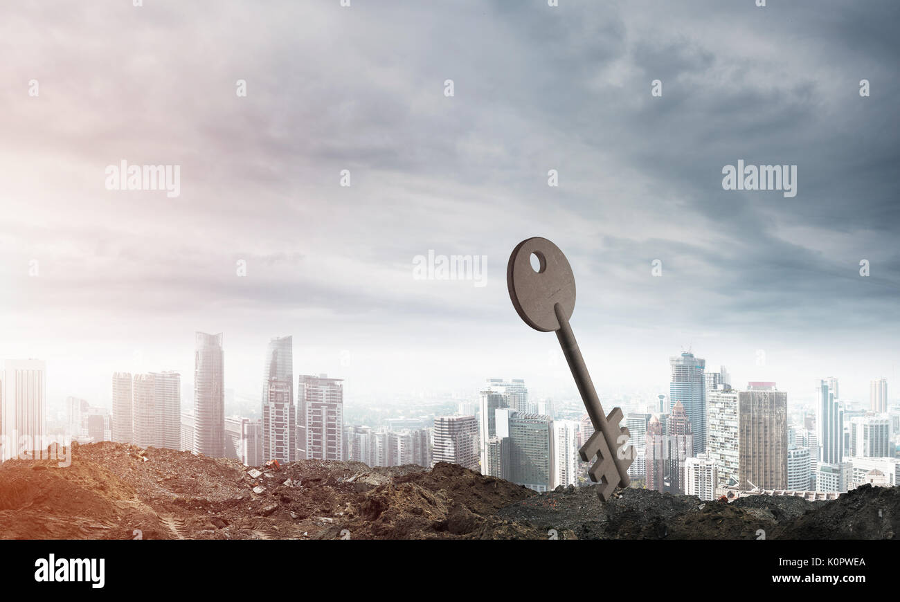 Conceptual background image of concrete key sign and natural landscape ...