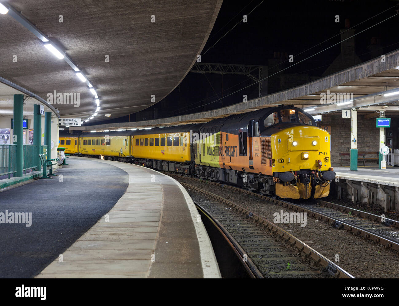 Colas Railfreight class 37 locomotive at Carnforth railway station with ...