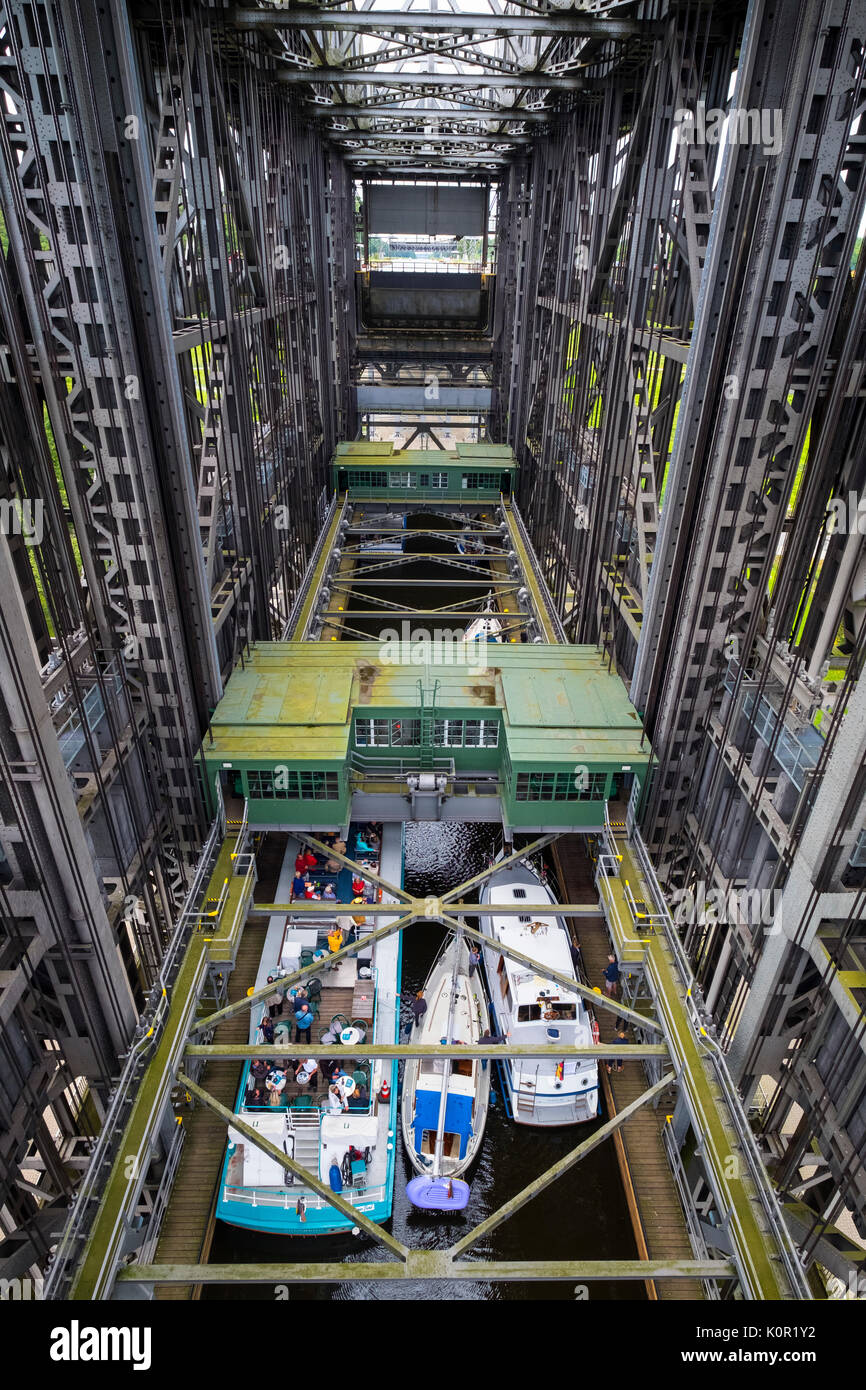 View of boats being raised inside historic ship lift at Niederfinow in ...