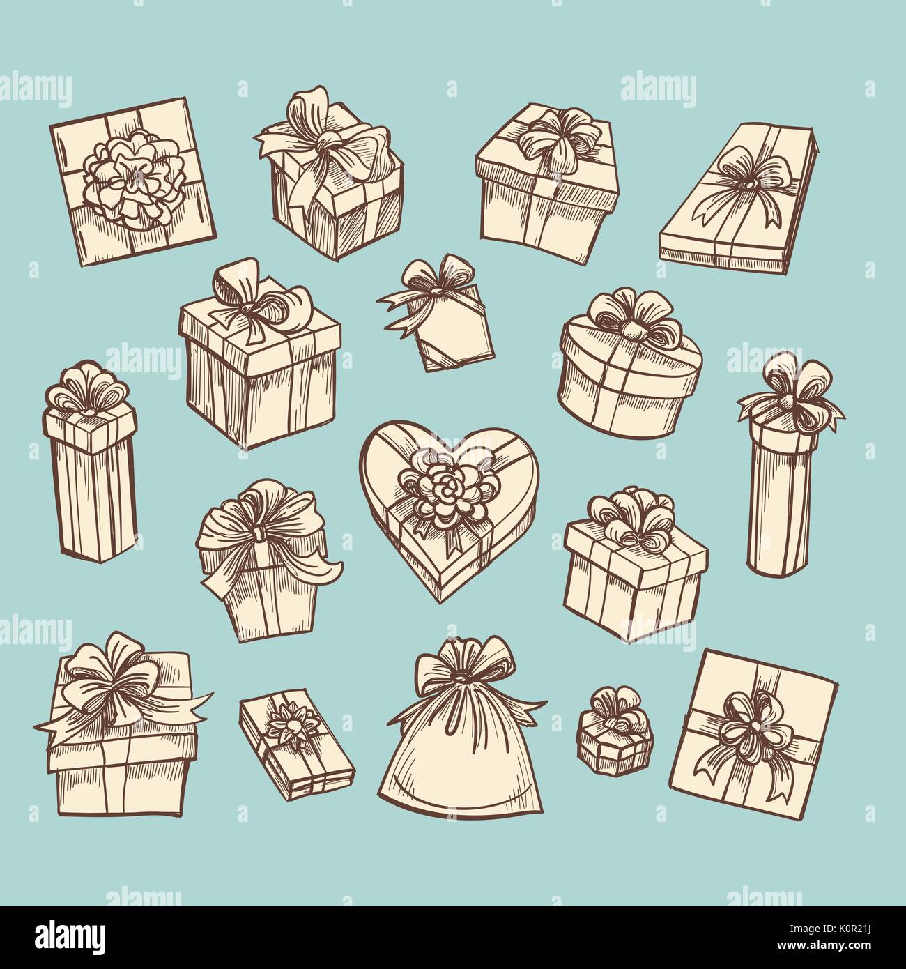 Hand drawn vintage gift boxes collection on green background. Vector ...