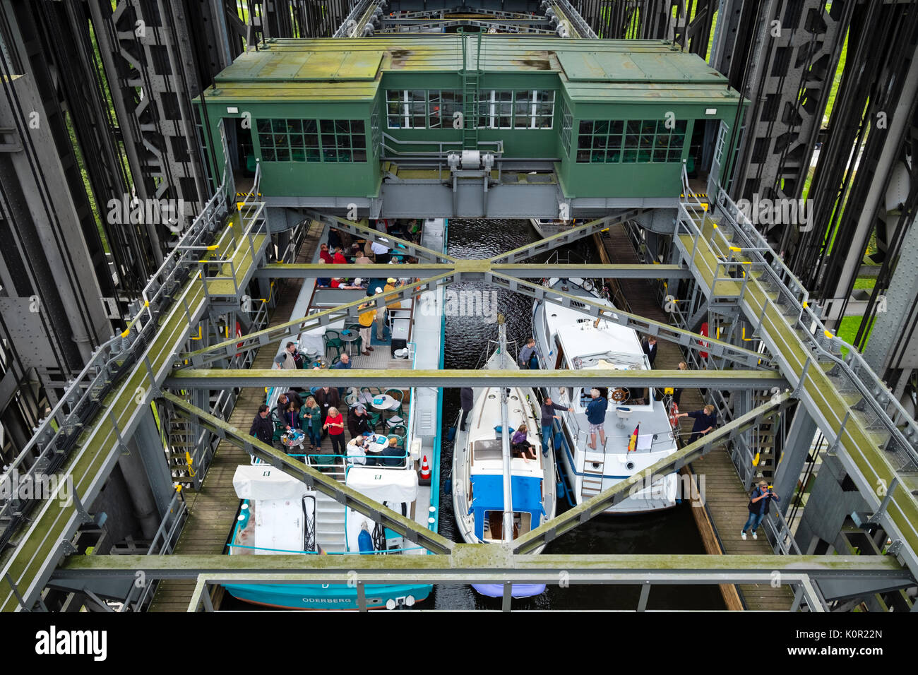 View of boats being raised inside historic ship lift at Niederfinow in ...