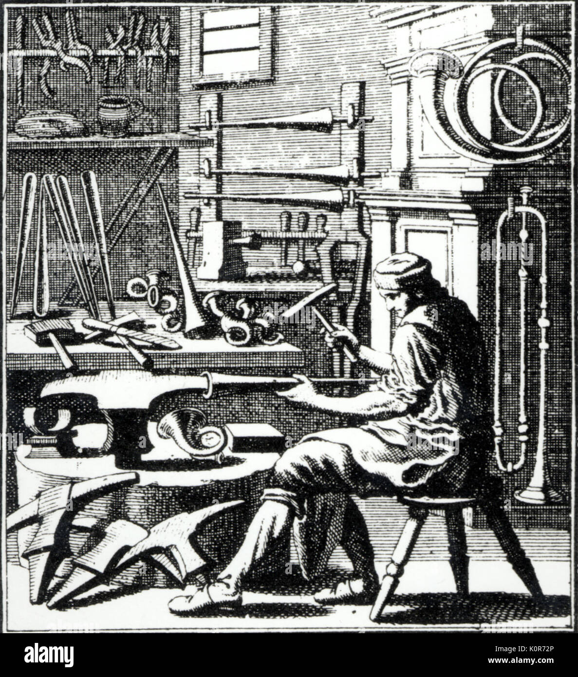 Trumpet maker by Christoff Weigel, 1698. Workshop of man making brass ...