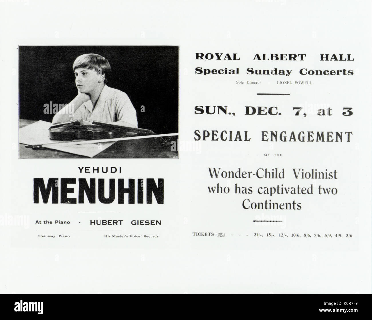 Yehudi Menuhin pictured on poster announcing performance at Royal ...