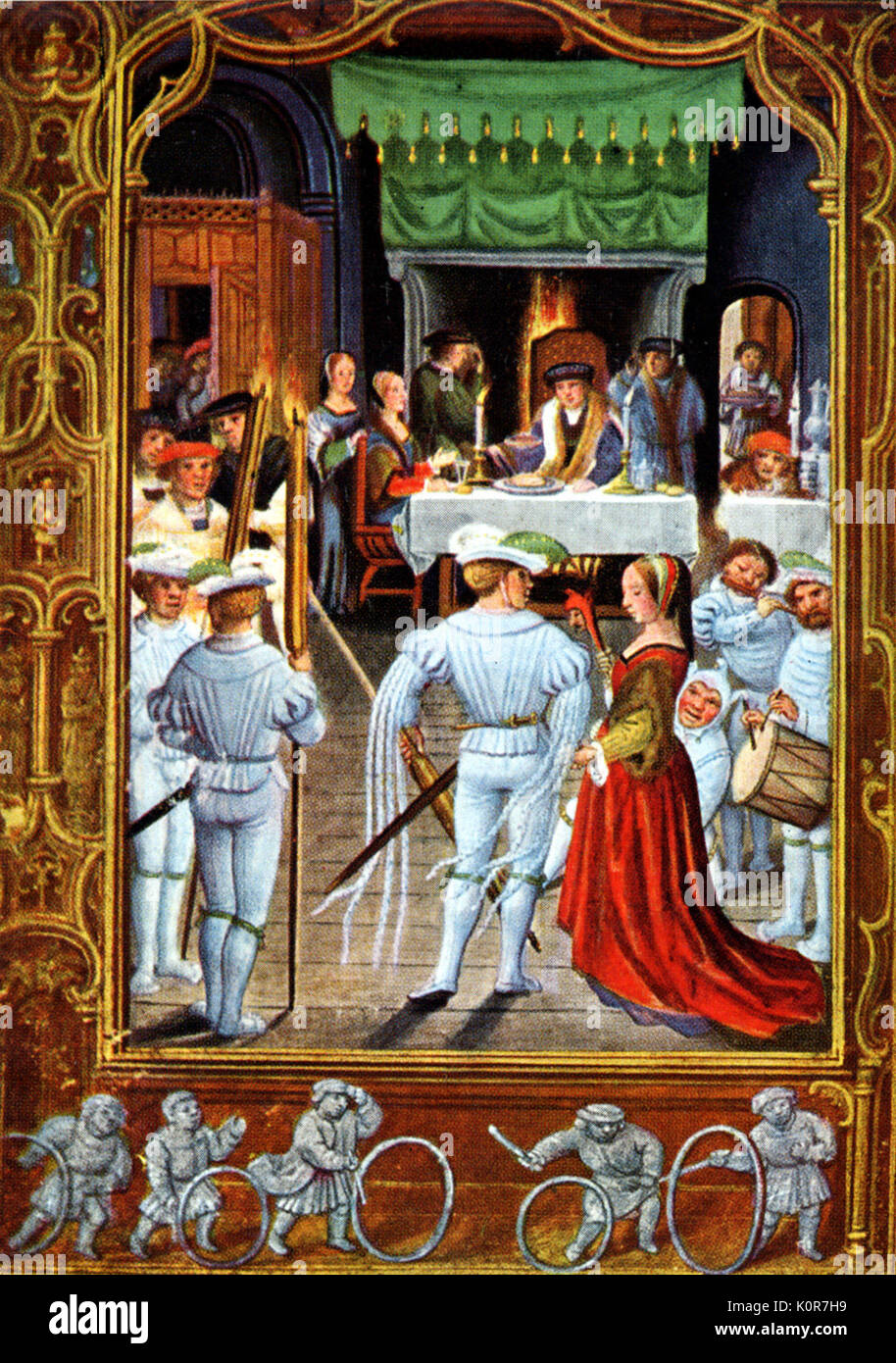 16th century Torch Dance scene with musicians playing flute & drum ...