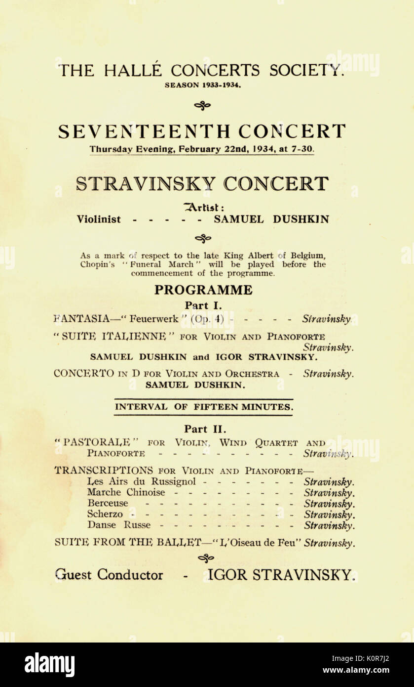 Programme of Stravinsky concert with violinist Samuel Dushkin on 22nd ...