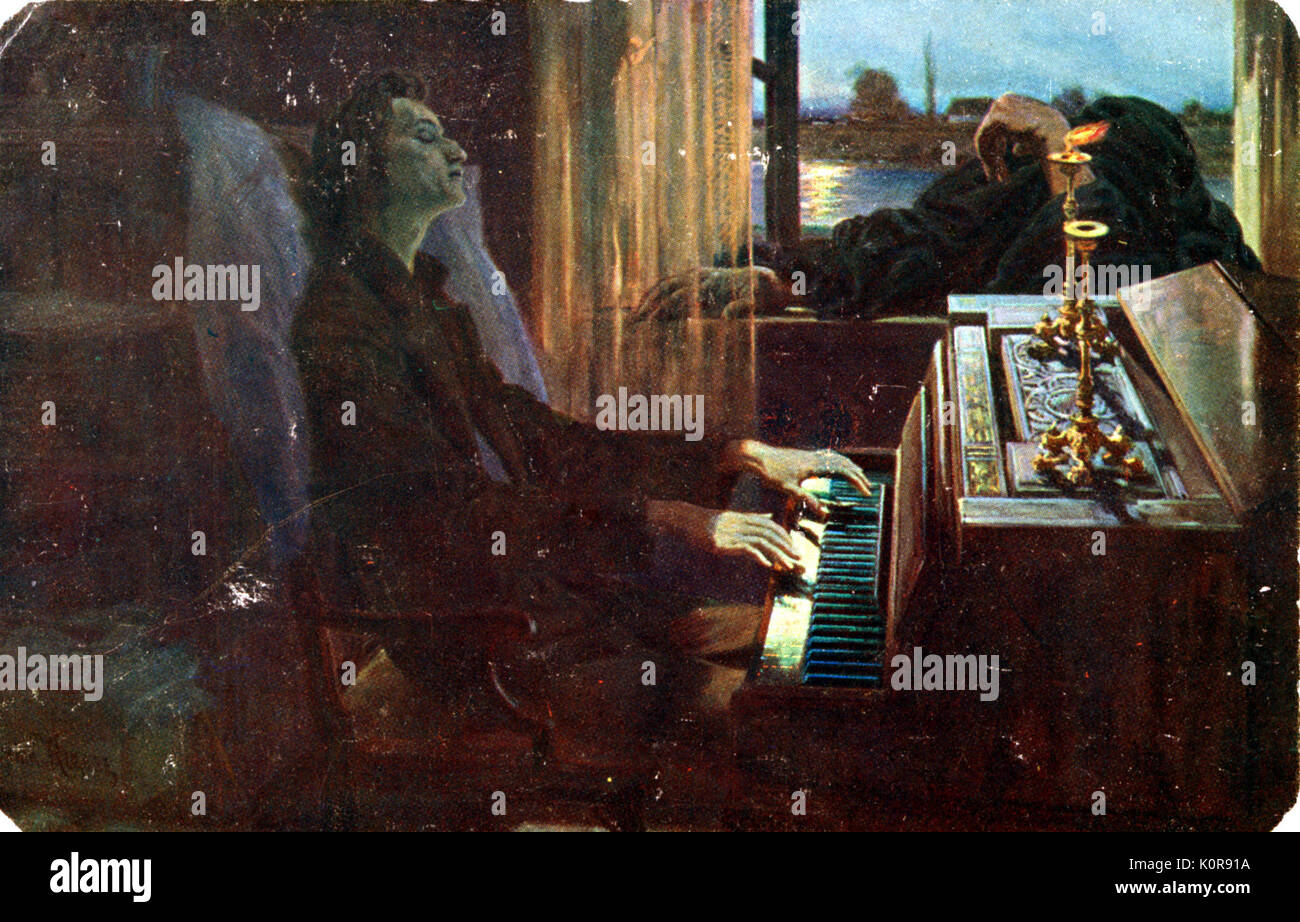 Frédéric Chopin playing piano by J. Mecina Krsesz (1860-1934), c. 1905 - titled 'Les derniers ...