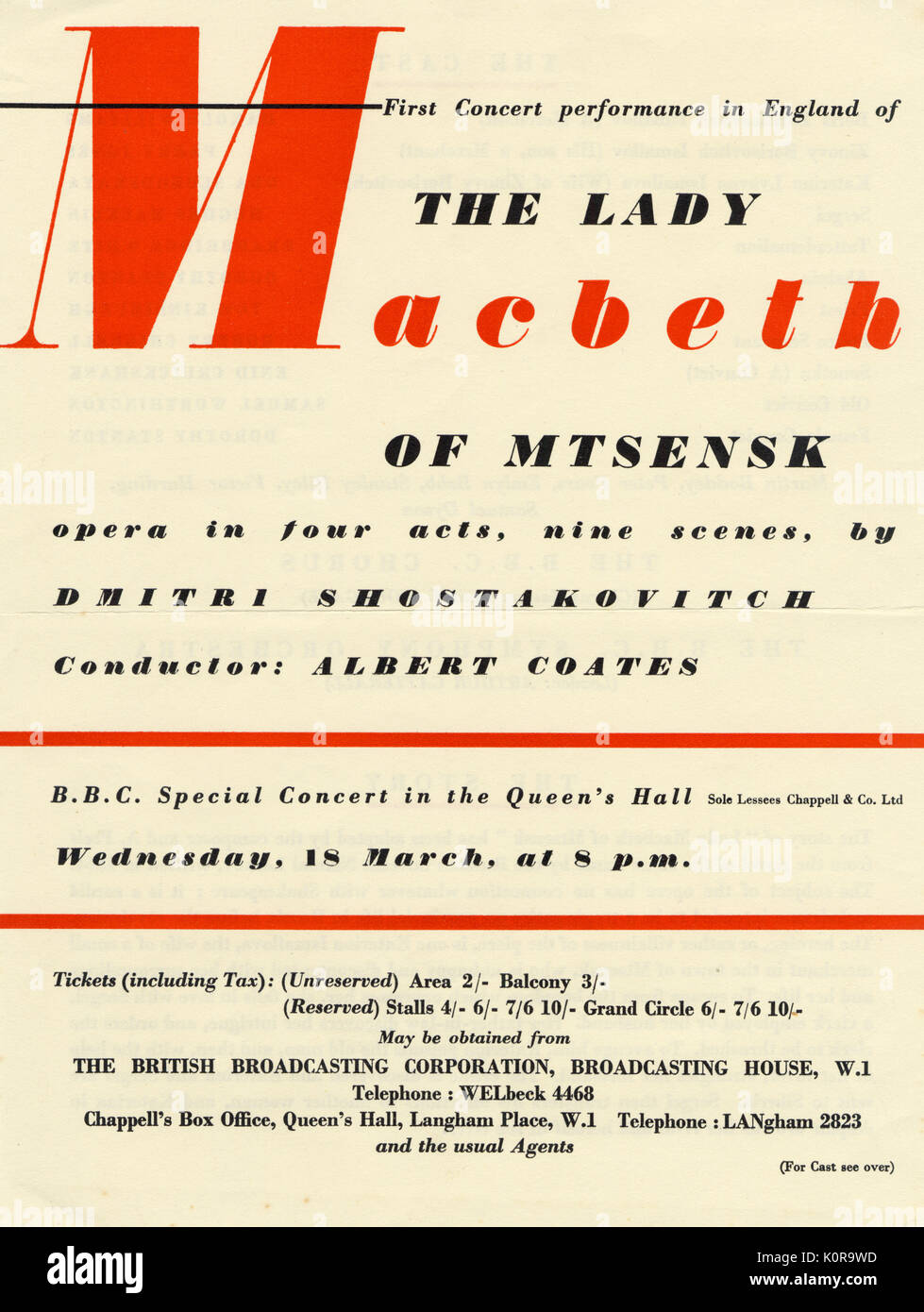 SHOSTAKOVICH, Dmitri opera - 'Lady Macbeth of Mtsensk' Programme cover ...