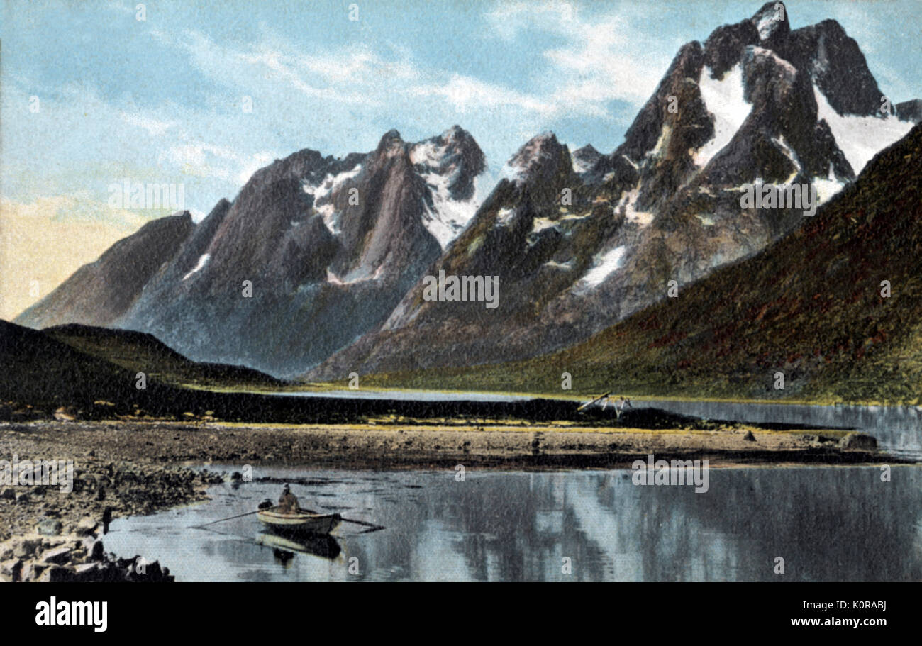 Norwegian scene in Grieg's time, Raftsund, Norway. Landscape with lake ...
