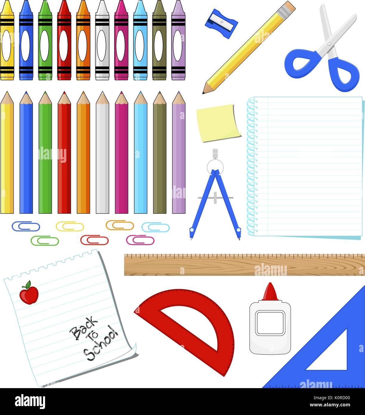 school supplies clip art isolated on white background, in vector format ...