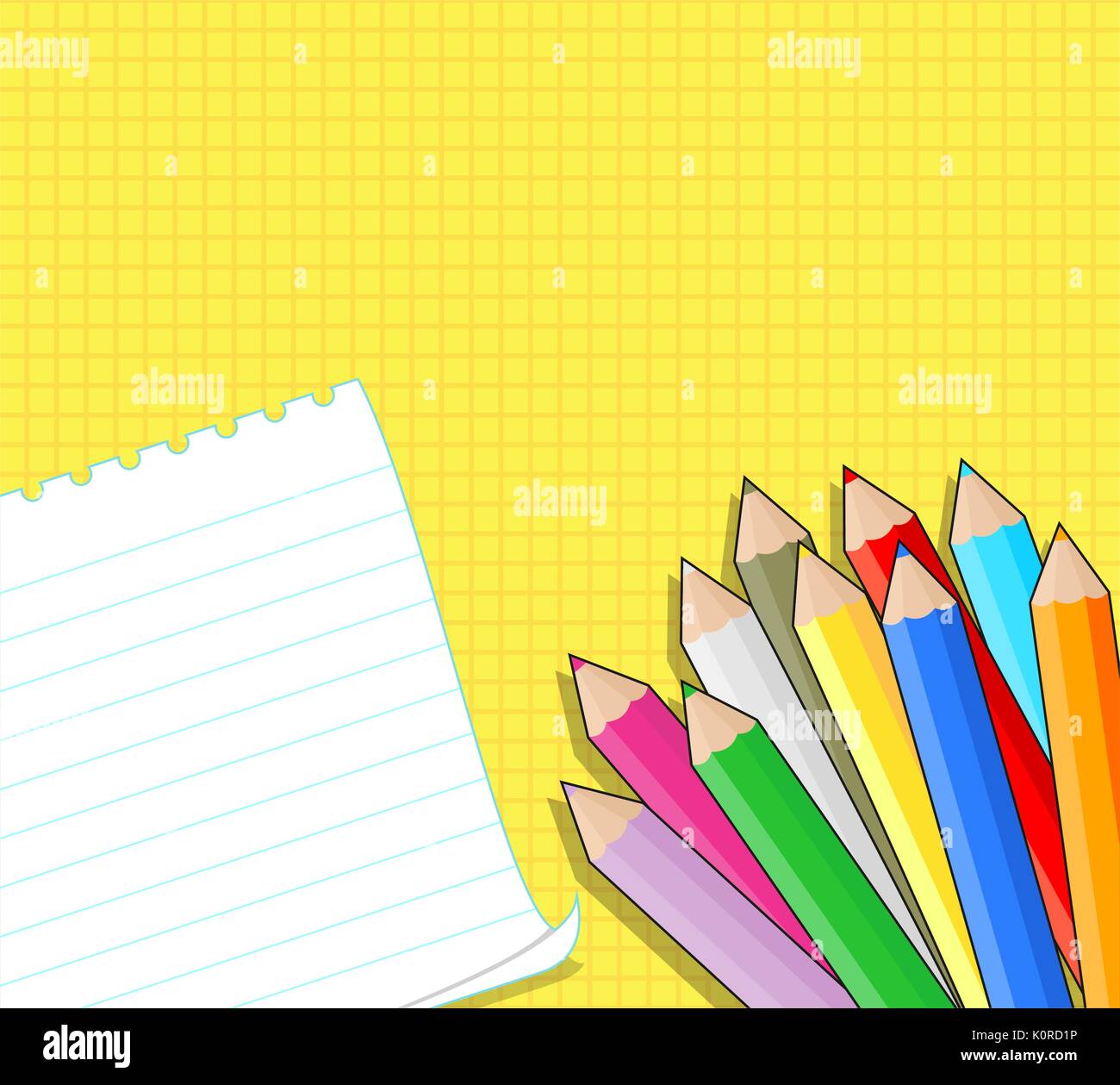 colored pencils and blank note on yellow grid background Stock Vector ...