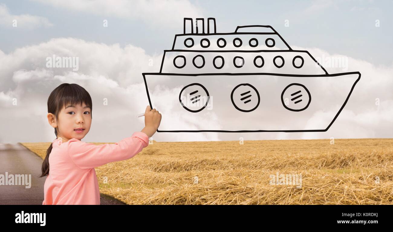 Digital composite of Girl drawing a ship on the road Stock Photo - Alamy