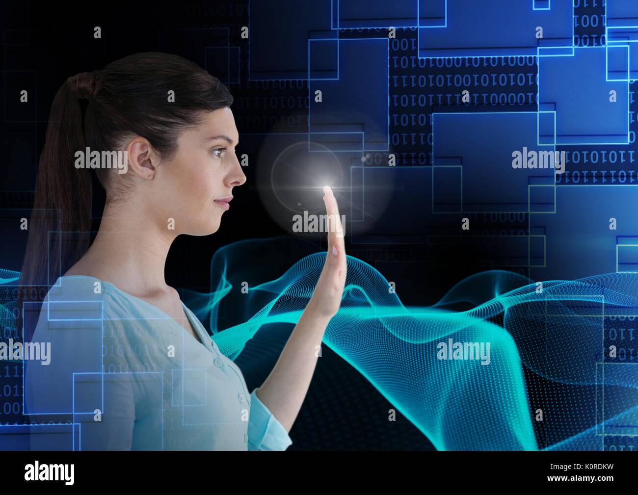 Digital composite of Woman holding hand out and interacting with ...