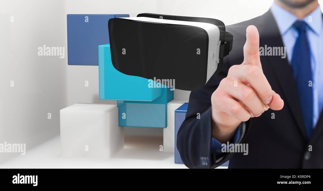 Digital composite of Man touching and interacting with virtual reality ...