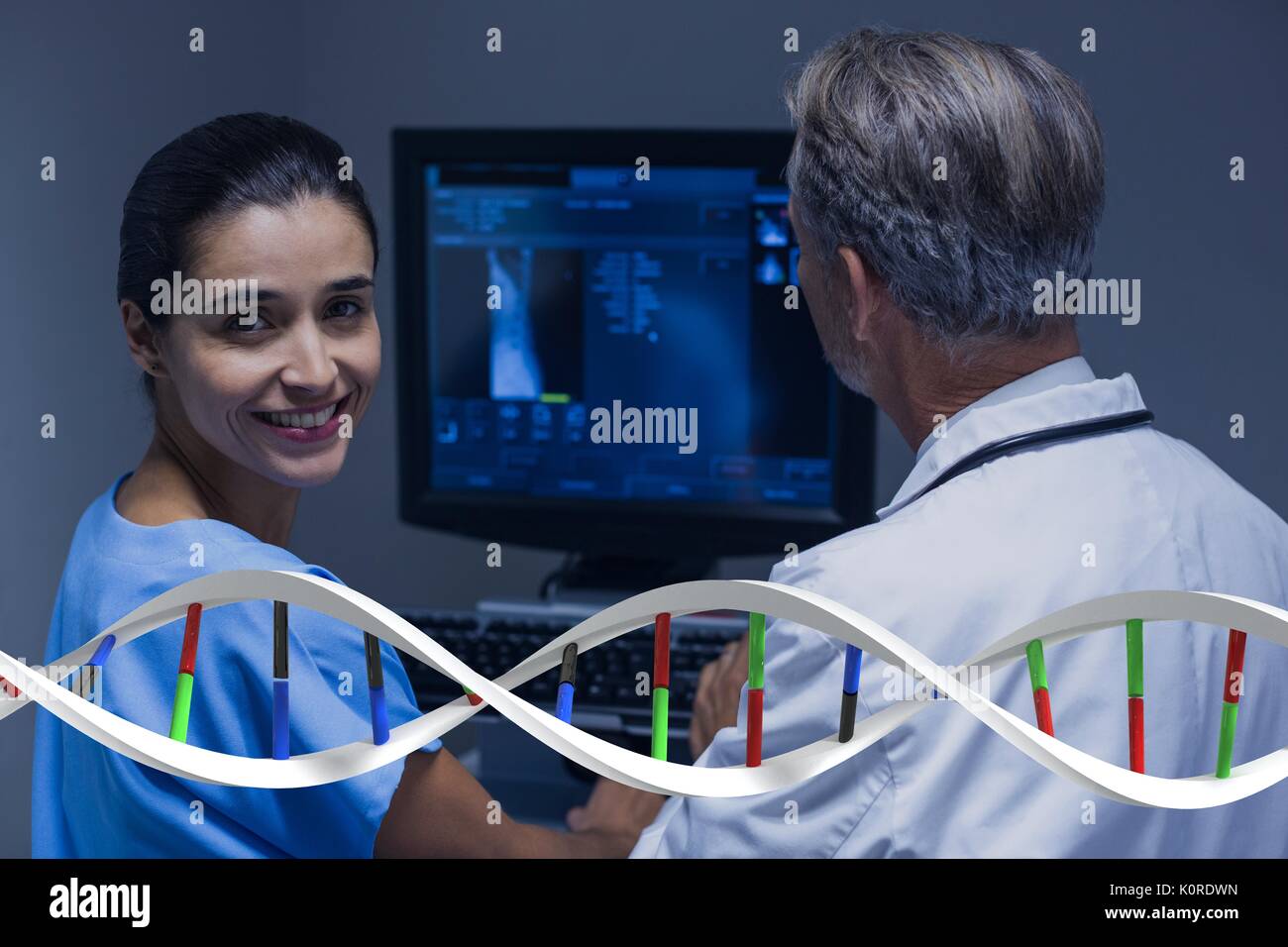 Digital composite of Doctors sitting with 3D DNA strands Stock Photo ...