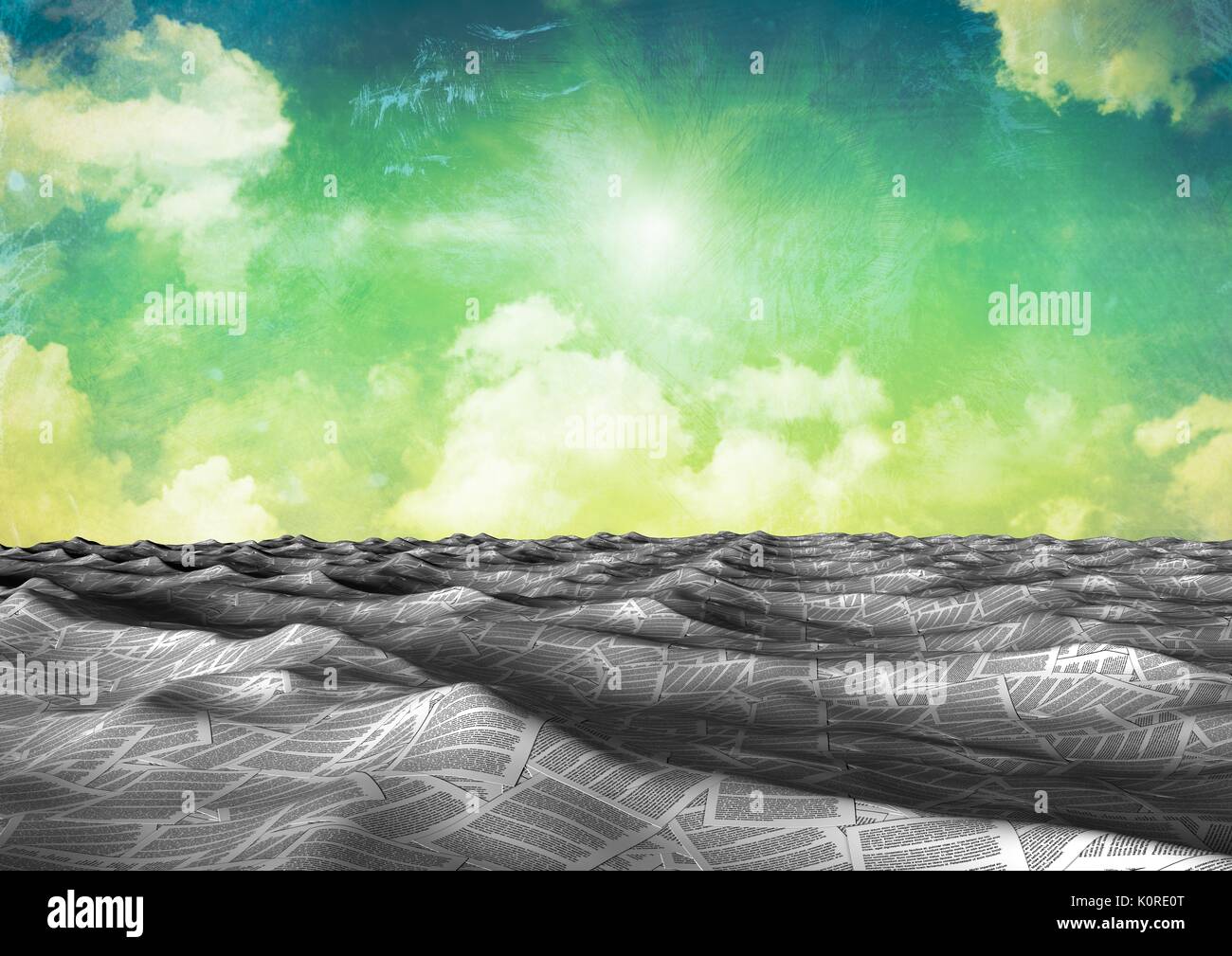 Digital composite of sea of documents under tropical sky clouds Stock ...