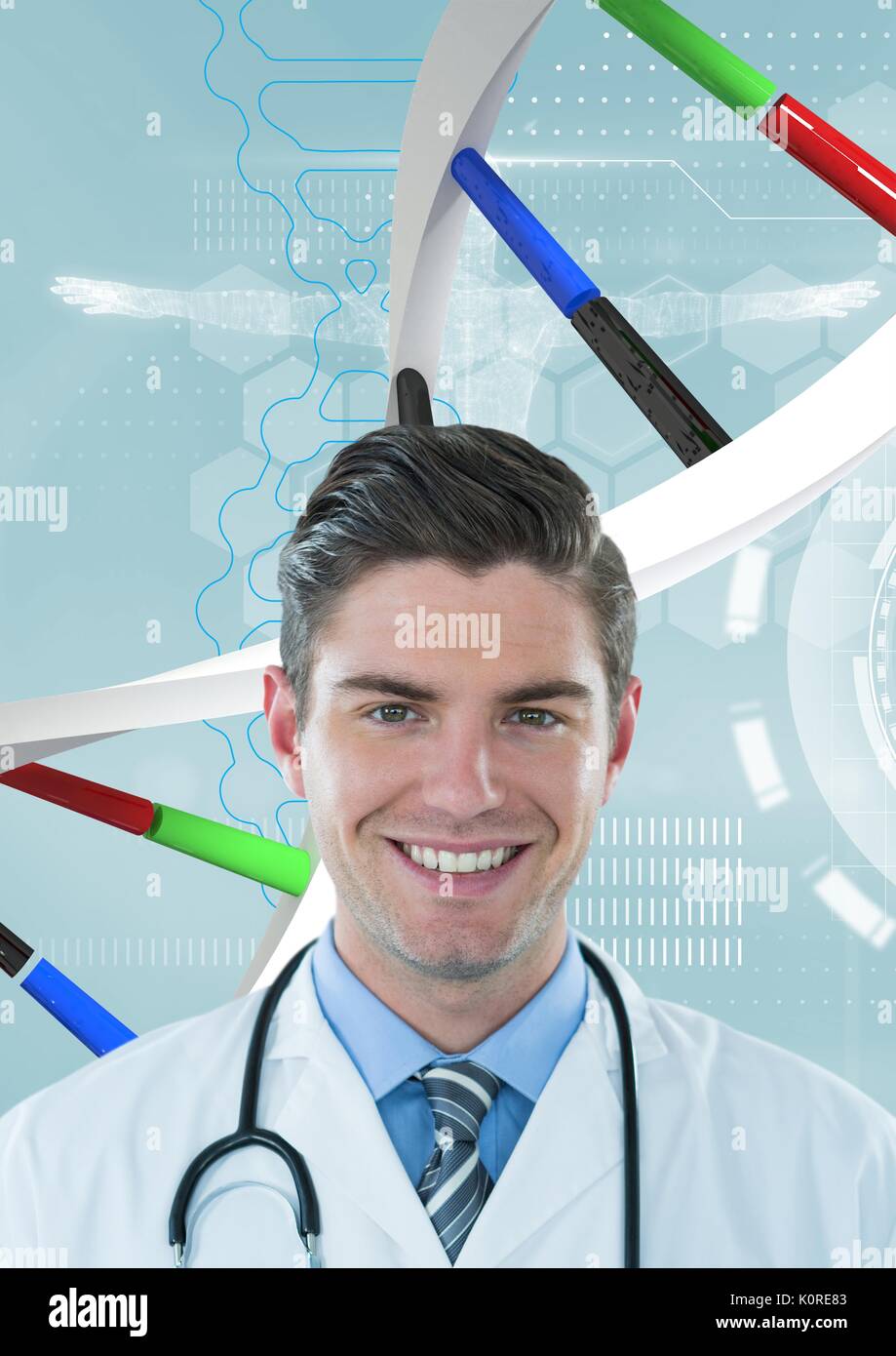 Digital composite of Doctor man standing with 3D DNA strand Stock Photo ...
