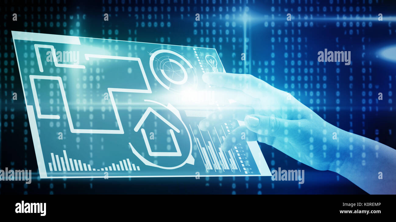 Close-up of cropped hand on white background against blue technology ...