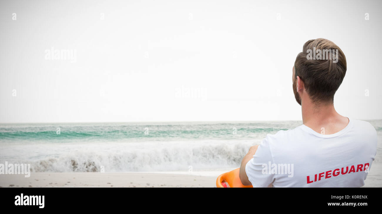 Rear view of male lifeguard sitting on chair against scenic view of ...