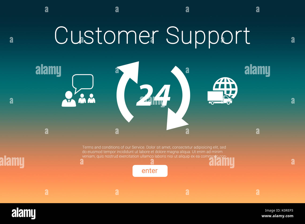 Icons and customer support text against turquoise and orange background ...