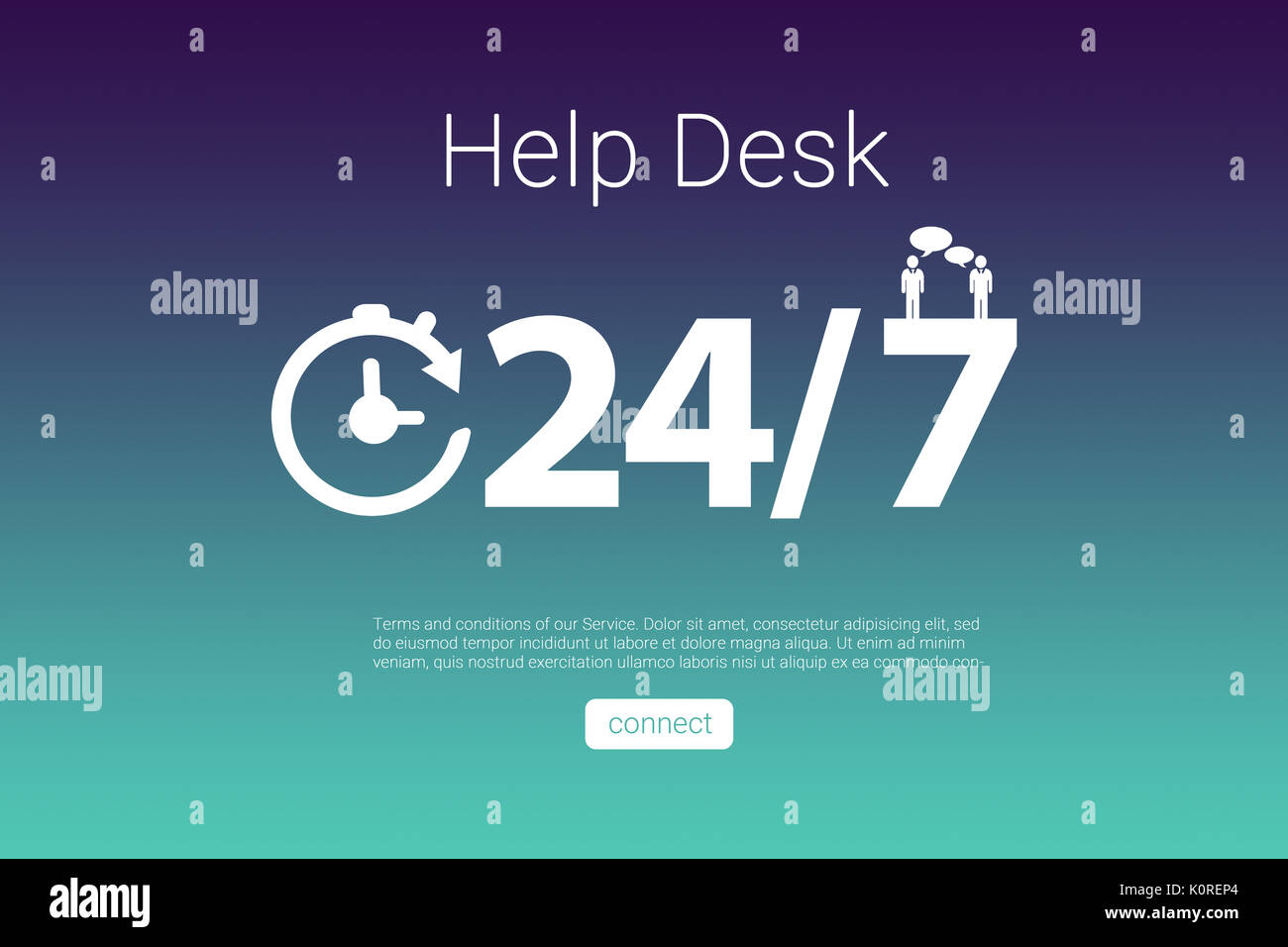Help desk text with icons and numbers against turquoise and purple ...